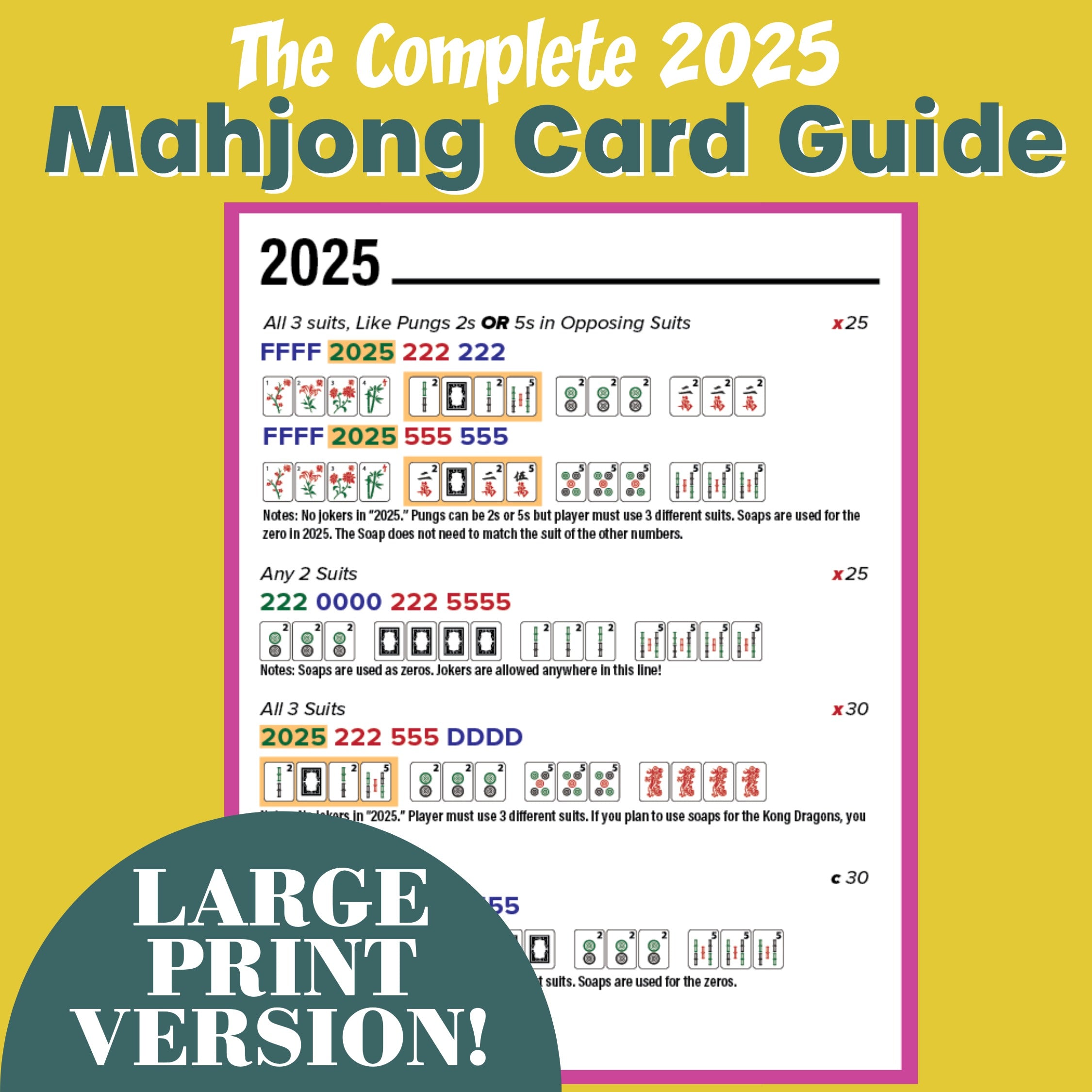 2025 Mahjong Card Guide LARGE print version! NMJL Cheat Sheet for Begi ...
